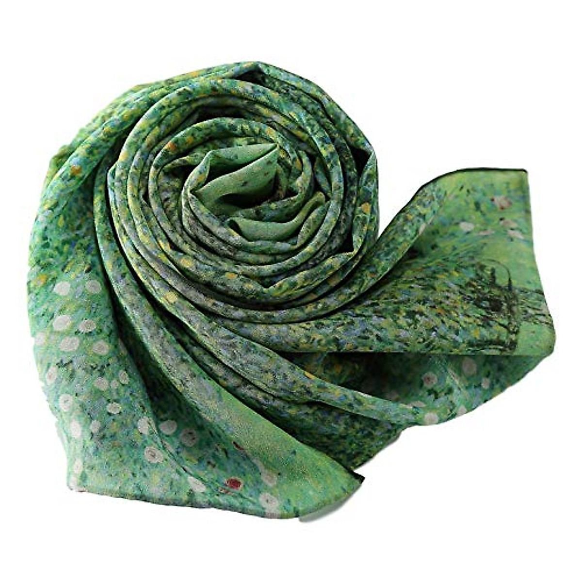 Long Crepe Silk Scarf Classic Art Print (Green Floral)
