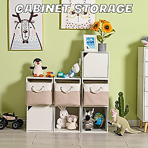 Storage Bins 3 Pack, Fabric Storage Basket for Collapsible Large Canvas Storage Baskets for Organizing Shelf Nursery Home Closet with Cotton Rope Handle (White&Khaki-15(L) x 11(W) x 9.5(H) in-3PCS)