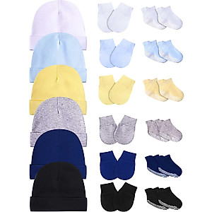 Baby Hats Mittens and Socks Set Unisex Cotton Beanie Cap and Scratch Mitten Non-Slip Baby Ankle Socks for Boys and Girls (White, Black, Grey, Light Blue, Navy Blue, Beige,6 Sets)