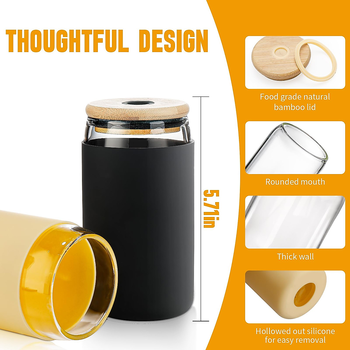 Glass Cups with Lids and Straws 2 pcs, Glass Cups with Silicone Protective Sleeve-16 oz Iced Coffee Cups with Lids，Glass Coffee Cups for Beer, Tea, Gift Giving