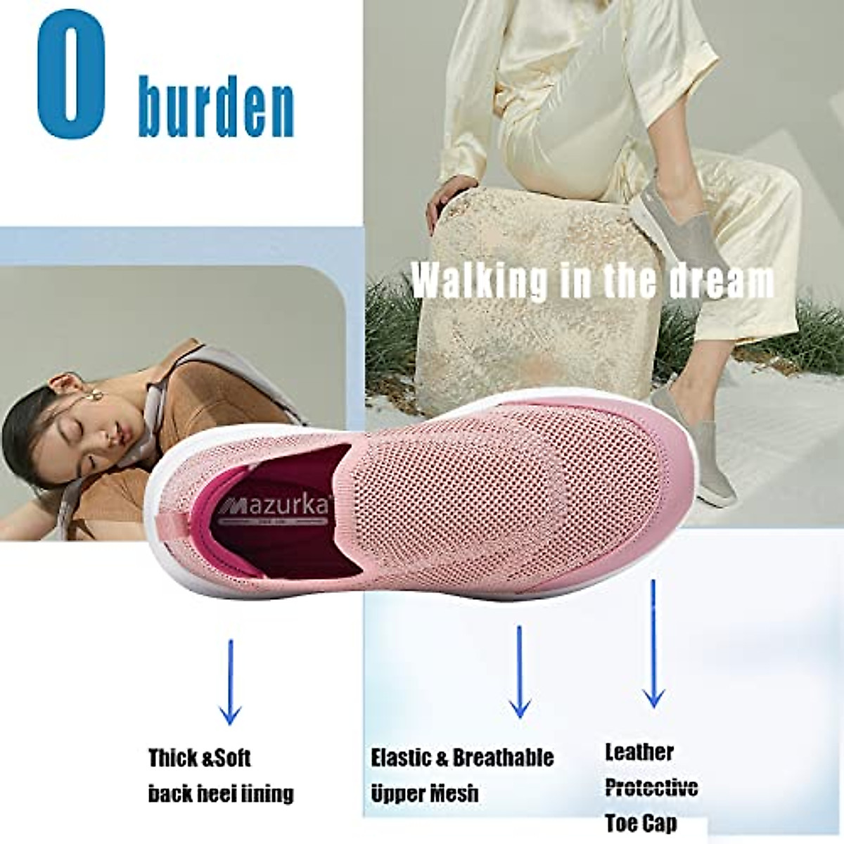 MAZURKA Shoes for Women Slip On Womens Women's Sneakers Wide Woman Walking Slip-On Black White Pink Grey Tan Width Wide Comfortable Fashion Athletic Soft Breathe Summer (Pink,Us Women Size 7)