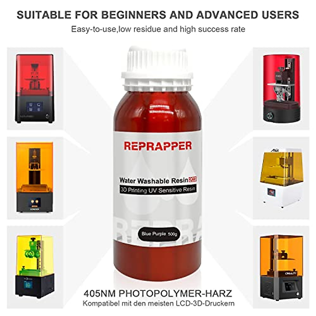 RepRapper 203 UV-Resin, Dual Color Water Washable 3D Resin for LCD 3D Printer 500g Blueish Purple