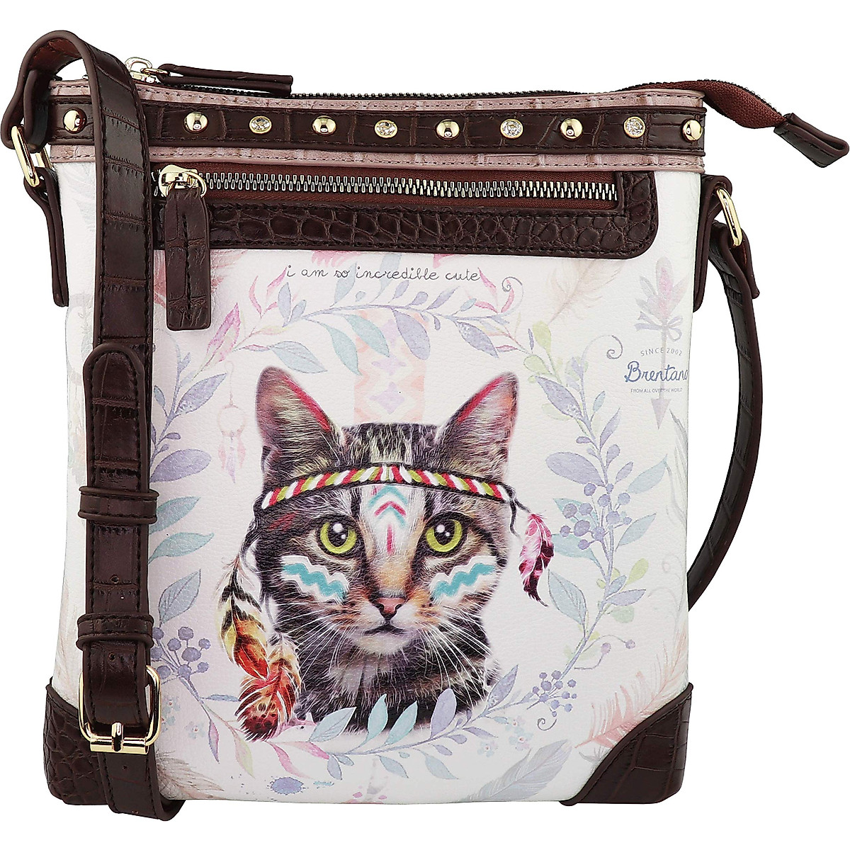 B BRENTANO Vegan Cute Animal Graphic Crossbody Bag Purse with Rhinestones and RFID Protection (Boho Feline RF)