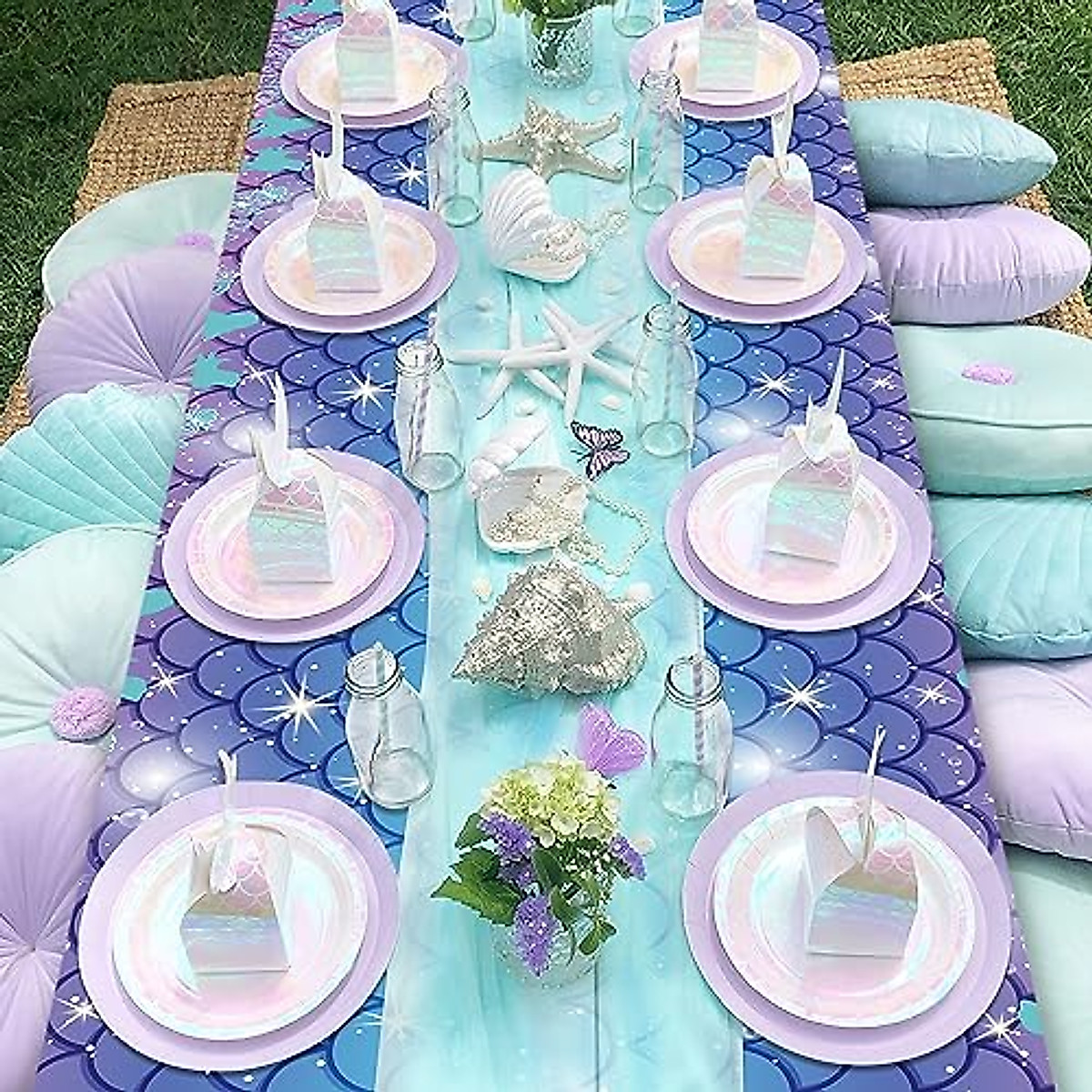 4 Pcs Mermaid Tablecloths, Rectangular Mermaid Table Covers, Disposable Mermaid Table Cloths for Parties Under the Sea Baby Shower Mermaid Birthday Decorations Mermaid Party Supplies, 51x86 Inch