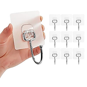 SUNDOKI Large Adhesive Wall Hooks 33LB(Max), Self Adhesive Hooks Removable Nail-Free Transparent Waterproof Hooks for Hanging Bathroom Kitchen & Home Utilities(10 Pack)