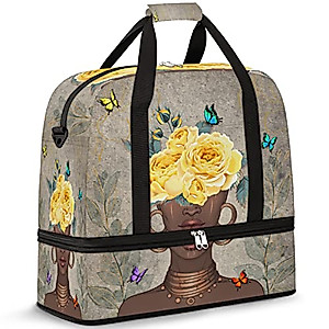 Travel Duffel Bag African Afro Woman Butterfly Sport Gym Bag for Woman Man,Waterproof Foldable Weekend Overnight Bag for Yoga Workout Training with Shoe Compartment
