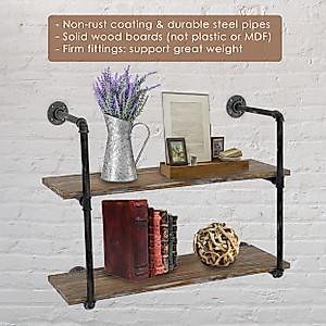 GWH (2 Tier - 30in) Industrial Pipe Shelving, Industrial Floating Shelves, 100% Pine Solid Wood, Galvanized Steel