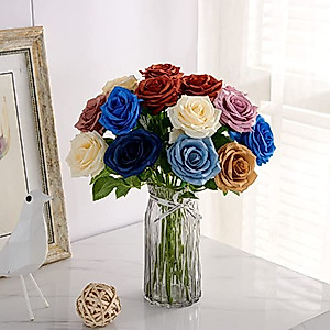 IUKnot Artificial Rose 10pcs Open Flower Bouquet Navy Blue Faux Rose Stems for Wedding Arrangement, Bridal Bouquet, Centerpiece, Fake Faux Silk Flowers