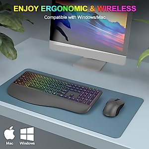 Wireless Keyboard and Mouse Combo with 7 Colors Backlit, Wrist Rest, 2.4G Rechargeable Ergonomic Full Size Light Up Wireless Keyboard and Mouse Set for Computer, PC, Mac, Laptop, Chromebook (Grey)