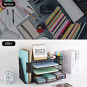gianotter Paper Organizer with File Holder for Desk, 4 Tier Letter Tray Office Desk Organizers and Accessories - Workspace Organizers with Drawer and 2 Pen Holder for Office Supplies (Black)