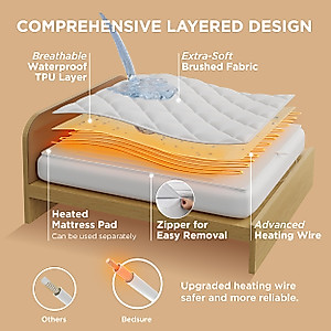 Bedsure Removable Heated Mattress Pad Queen - Waterproof Bed Warmer with Memory & Preheat Function, 12-Hour Timer & 10 Heat Settings with Dual Controller, Auto-Off, Electric Mattress Pad Queen 60"x80"