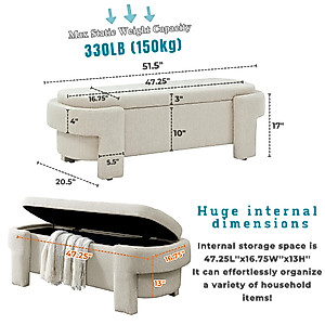 Wunlerlant 51.5" Oval Storage Bench End of Bed Storage Ottoman Benches Linen Fabric Upholstered Oversized Ottoman Bench with Large Storage Space for Living Room Entryway Bedroom Hallway Window Seating