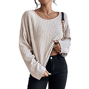SweatyRocks Women's Long Sleeve Boat Neck Plain Tee Casual Drop Shoulder Rib Knit T Shirt Crop Top Apricot L