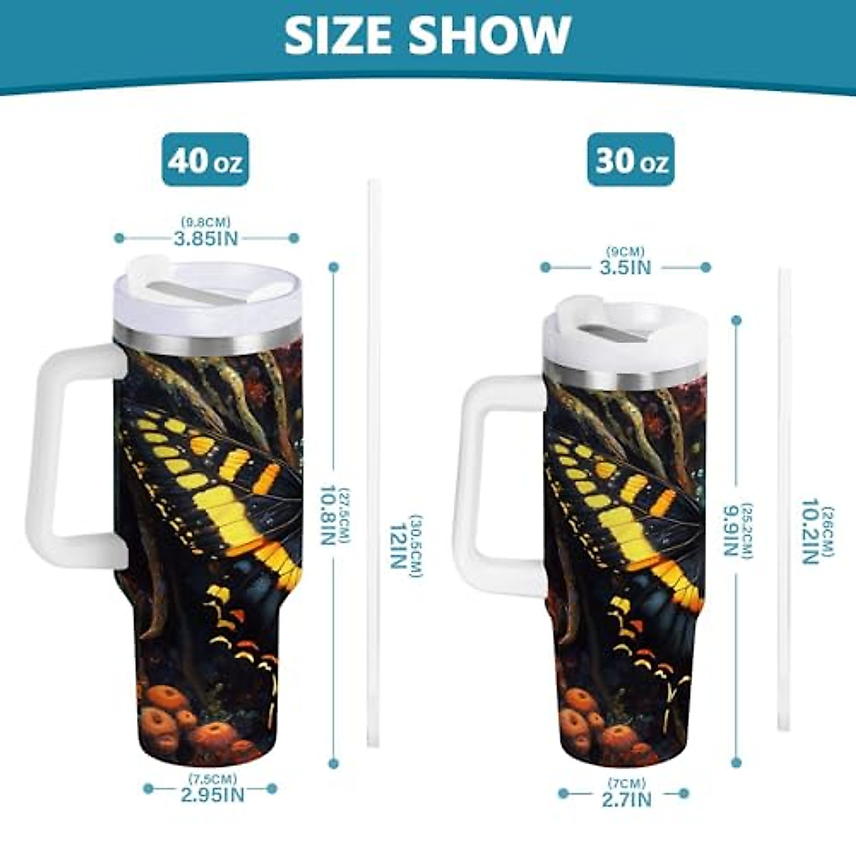 Slewiaeky Tumbler with Handle 40 oz Insect Butterfly Retro Travel Mug with Lid and Straw Ocean Stainless Steel Vacuum Insulated Water Bottle Cup for Iced Tea Coffee Cold Beverages Cup Holder Friendly