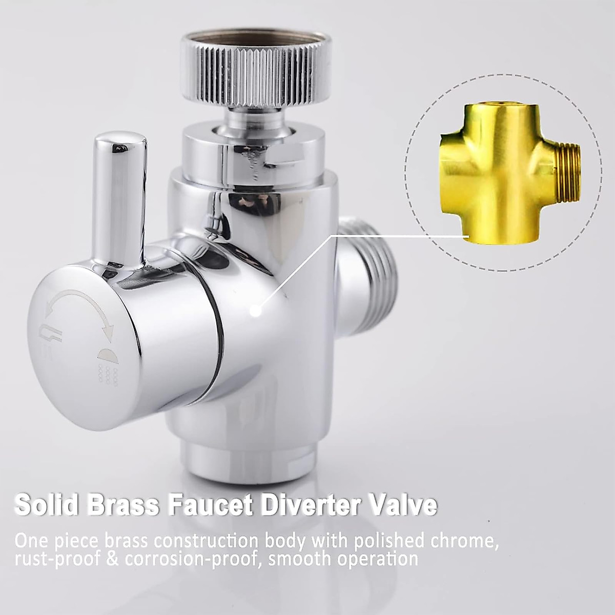 Brass Diverter Valve with Aerator, 3 Way Splitter with Male Thread Adapter, 360 Swivel Faucet Adapter for Sink Hose Attachment, Bathroom/Kitchen Faucet Connector (Chrome)