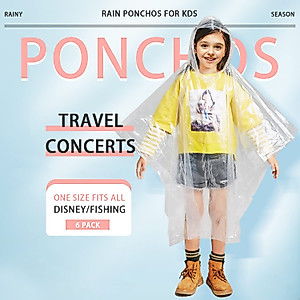 TUNCHMO Disposable Rain Ponchos for Kids (6 Pack) 50% Thicker Emergency Ponchos-Clear