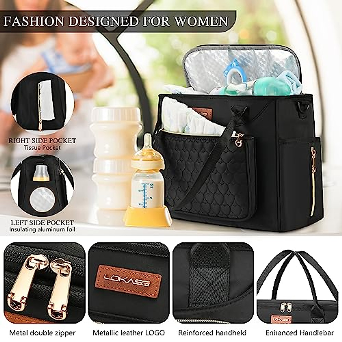 LOKASS Lunch Box - Lunch Bag Women Insulated Lunch Box for Women Teacher Nurse Tote Bag for Work Picnic or Travel Removable Shoulder Strap Side Pocket - Black