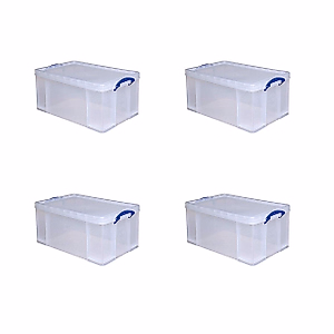 Really Useful Clear Transparent Plastic Storage Box, 64 Liters Features Attached Handles Make It Easy to Carry (Four Pack)