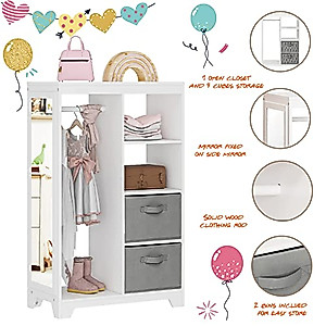 UTEX Kids Dress Up Storage with Mirror, Kids Armoire Dresser with 2 Storage Bins and Open Hanging, Costume Closet Wardrobe for Kids, Pretend Storage Closet Armoire Dresser for Bedroom, Kids Room
