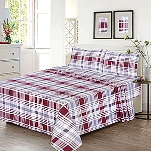 RUVANTI Flannel Sheets Full Size - 100% Cotton Brushed Bed Sheet Sets - Deep Pockets 16 Inches (fits up to 18") - All Seasons Breathable & Super Soft - Warm & Cozy - 4 Pcs - Balance Plaid Maroon