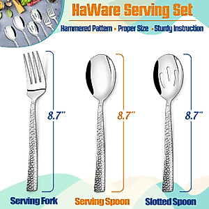 HaWare Hammered Serving Utensils Set, 6-Piece Stainless Steel Square Hostess Serving Set include Serving Spoon, Fork, Slotted Spoon for Party Buffet Banquet Catering, Mirror Polished, Dishwasher Safe