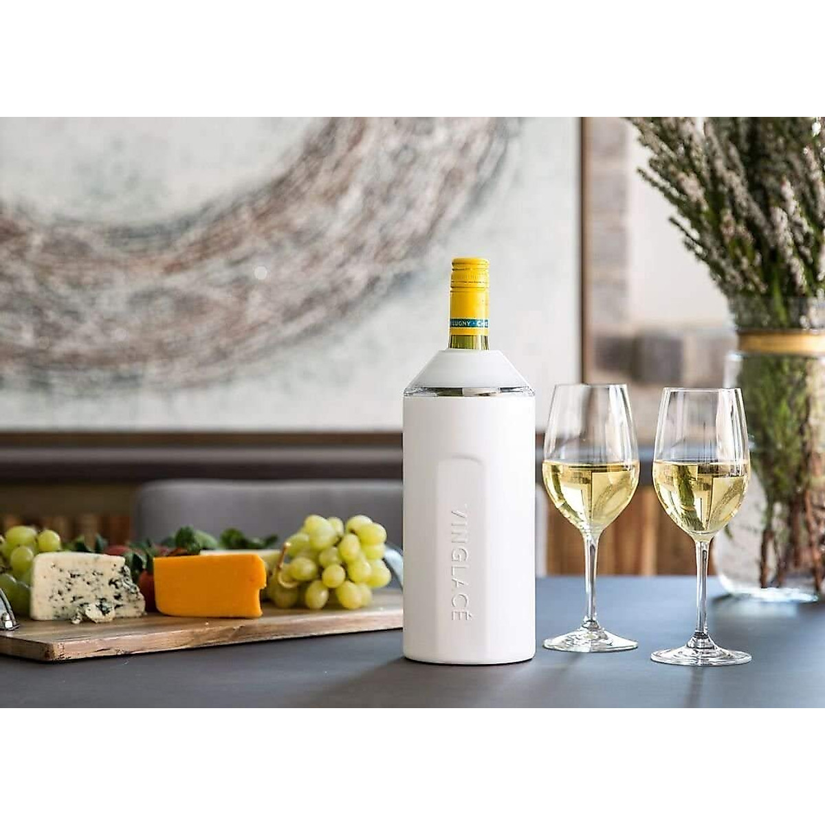 Vinglacé Wine Bottle Chiller Gift Set- Portable Stainless Steel Wine Cooler with 2 Stemless Wine Glasses, White