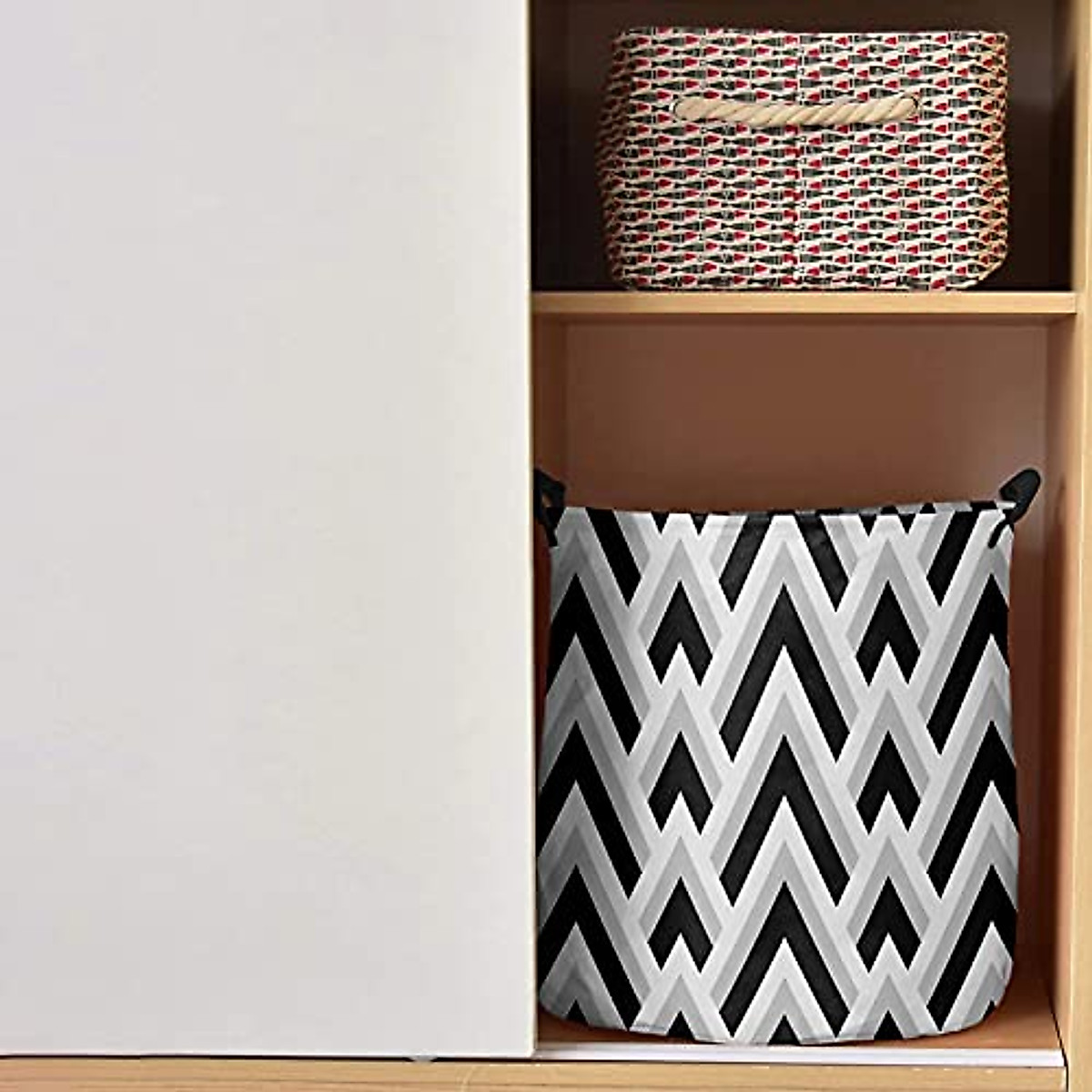 Collapsible Laundry Basket 17inch Chevron Striped Freestanding Laundry Hamper with Handles White Gray Black Drawstring Storage Basket for Clothes Toys Bedroom Nursery Bathroom