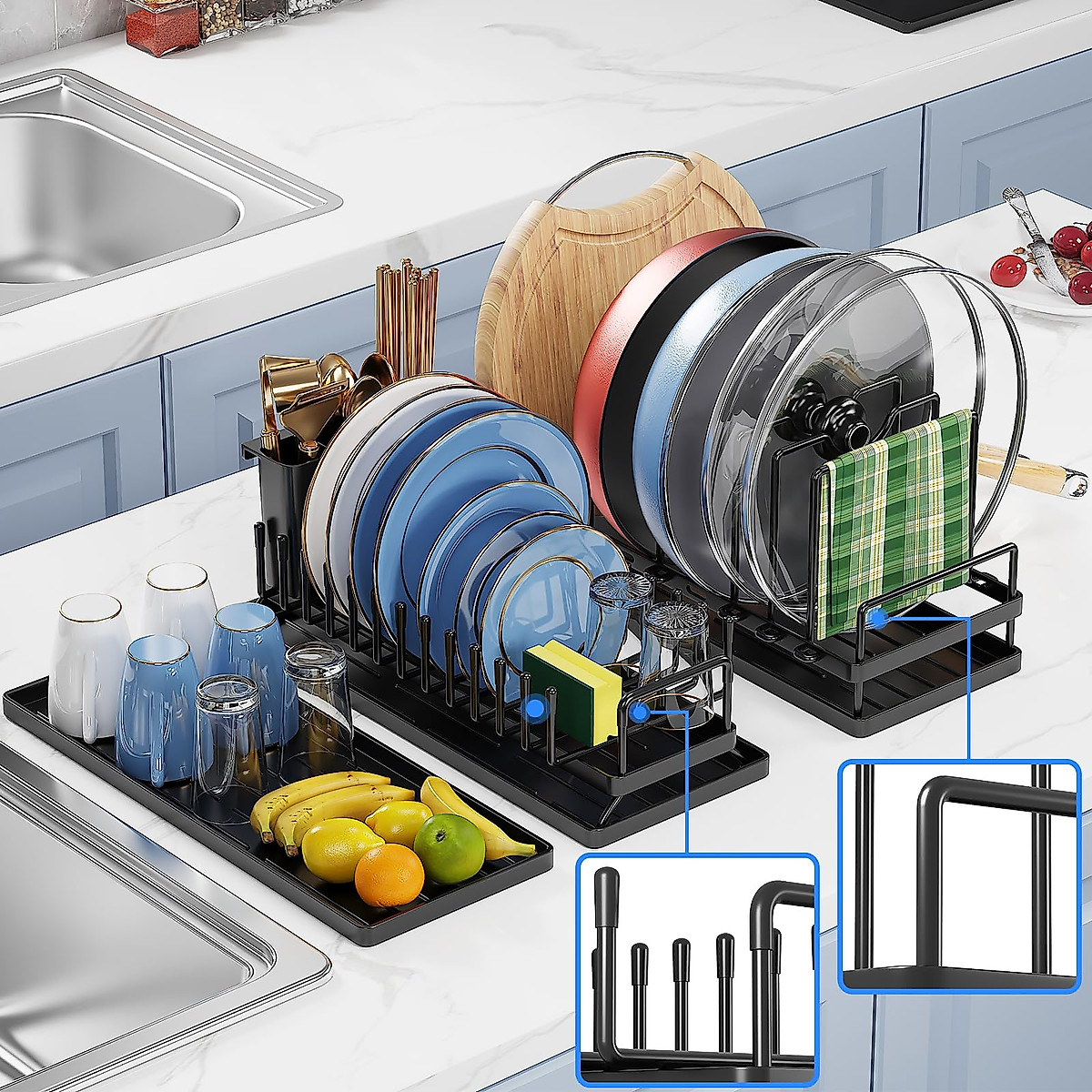 KEKAPE Multifunctional Stainless Steel Dish Drying Rack with Pots and Pans Storage Rack, Dish Drying Rack, Pots and Pans Storage Rack, Cup Rack Storage 3-Piece Set