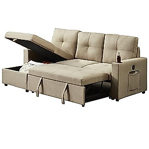INSTORY Mid-Century Modern Linen Sofa L-Shaped Sectional Sofa Pull Out Sofa Bed Convertible Sleeper Sofabed with Storage Chaise & USB & Cup Holder for Living Room-Brown