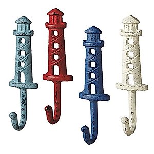 Lighthouses - Antique Style Weathered Wall Hooks Set of 4 - Aqua, Red, Blue, White