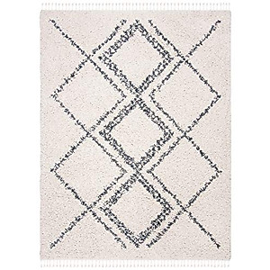 SAFAVIEH Pro Luxe Shag Collection Area Rug - 8' x 10', Cream & Blue, Moroccan Boho Tassel, Non-Shedding & Easy Care, 2.4-inch Thick Ideal for High Traffic Areas in Living Room, Bedroom (PLX432A)