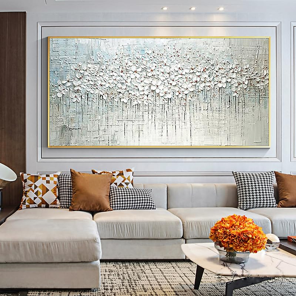 3D Knife Abstract White Flowers Oil Painting Handpainted On Canvas Living Room Salon Home Decoration Painting,27inx54in,No Frame