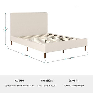 Martha Stewart Britta Platform Bed with Headboard & Footboard, Faux Linen Upholstery with Piping Detail, Rounded Headboard, No Box Spring Needed, Full, Beige