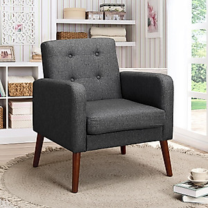 Furniliving Mid Century Modern Arm Chair, Button-Tufted Upholstered Accent Chairs for Bedrooms Living Room Chair with Solid Wood Legs Linen Fabric Comfy Lounge Chair, Dark Grey