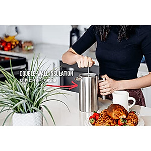 Barista Warrior French Press with Thermometer - Insulated Coffee Press - Stainless Steel French Press Coffee Maker (1.0L | 34 fl oz) (White)