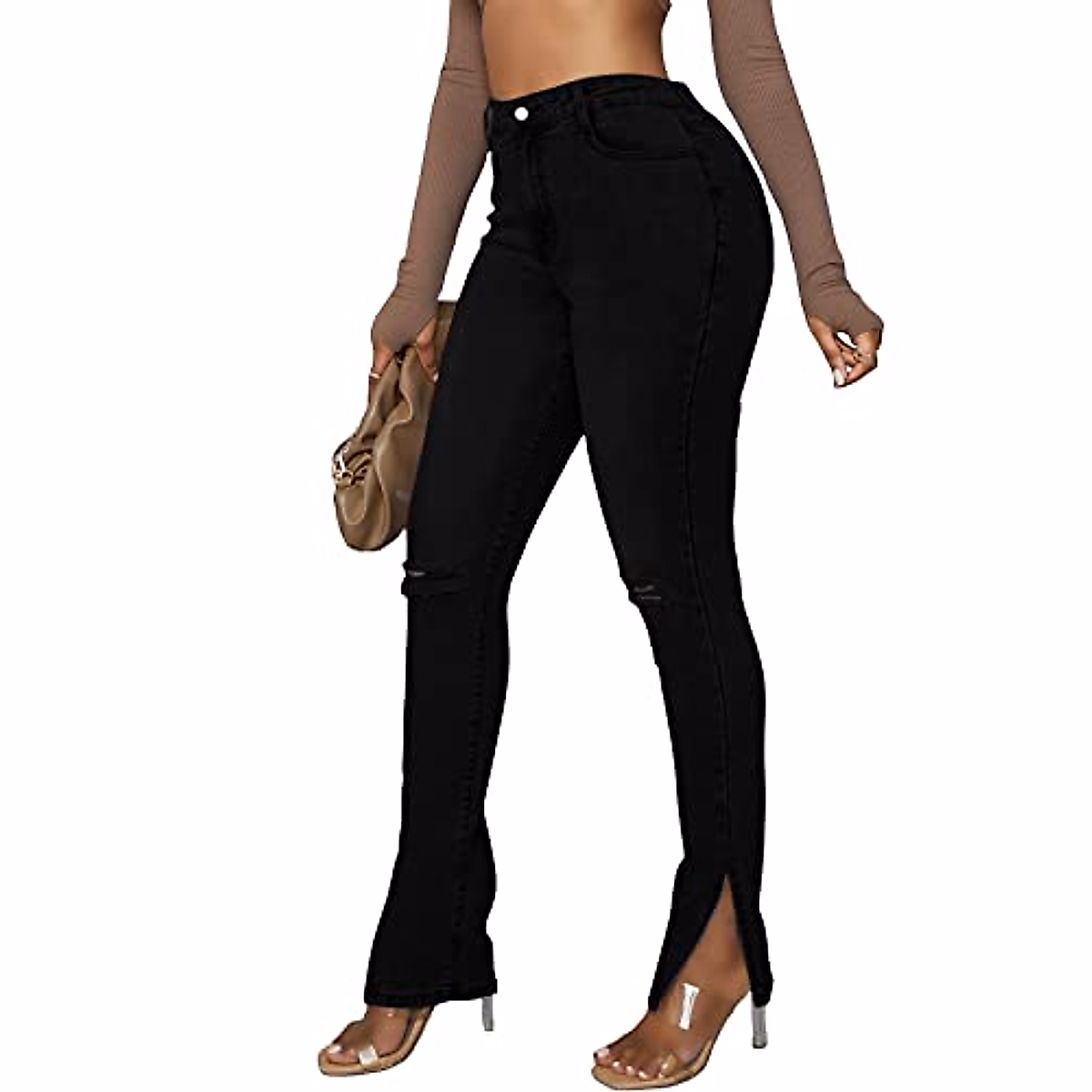 WDIRARA Women's Slit Hem High Waist Button Denim Zipper Fly Ripped Skinny Jeans Black L