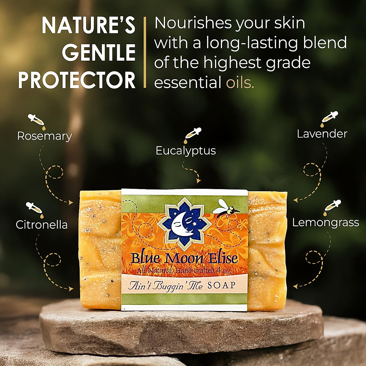 Blue Moon Elise Ain't Buggin Me Citronella Bar Soap for Men and Women, Natural Handmade Soap with Pure Citronella Essential Oils, Soap Bar for Camping and Outdoor Activities