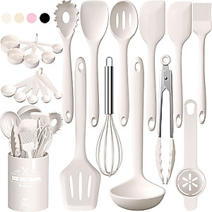 Kitchen Utensils Set, Umite Chef 22Pcs Silicone Cooking Utensils Set, Heat Resistant Silicone Kitchen Spatulas Set with Holder, White Cooking Gadgets Tools Set for Nonstick Cookware, Dishwasher Safe