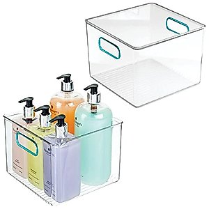 mDesign Plastic Storage Bin with Handles for Organizing Hand Soaps, Body Wash, Shampoos, Lotion, Conditioners, Hand Towels, Hair Accessories, Body Spray, Mouthwash - 8" Square, 2 Pack - Clear/Blue