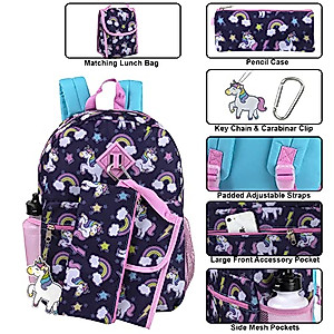 Trail maker Girl's 6 in 1 Backpack With Lunch Bag, Pencil Case, Keychain, and Accessories (Electric Unicorns)