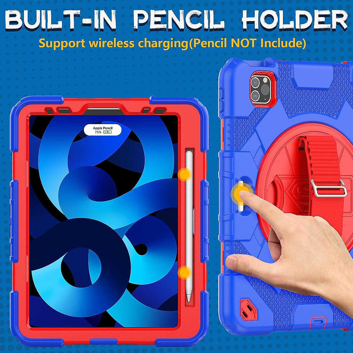 SEYMAC Case for iPad Air 5th/ 4th Generation, Shockproof Case with Screen Protector, 360 Rotating Stand/Hand Strap, Shoulder Strap for iPad Air 4/5 (iPad Air 10.9), Red+Blue