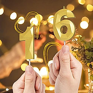 Number Birthday Candles(6 Candle Gold) 3D Diamond Shape Number Happy Birthday Cake Candles for Birthday Party Wedding Decoration Reunions Theme Party