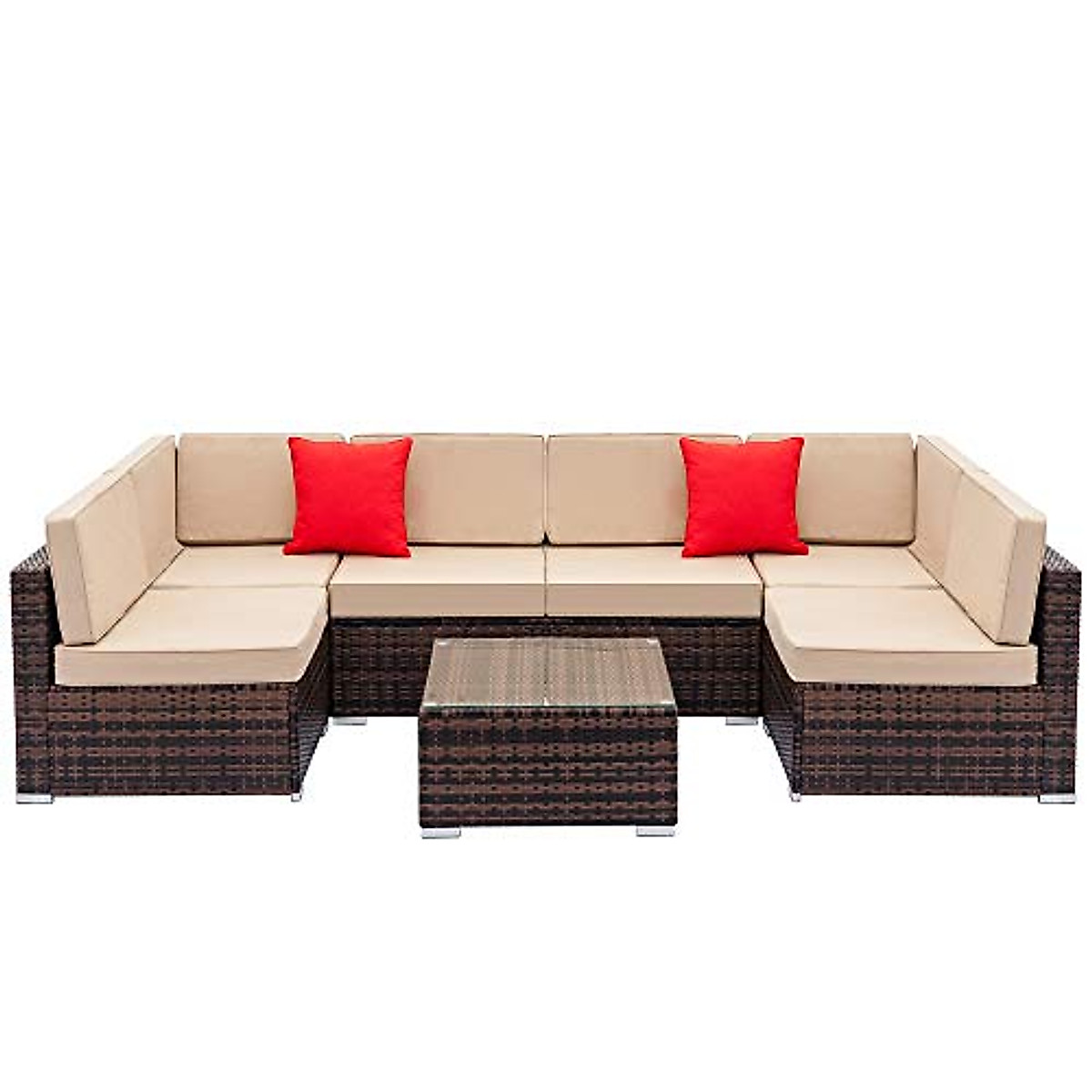 7 Pieces Patio Furniture Sets All-Weather Outdoor Sectional Sofa Manual Weaving Wicker Rattan Patio Conversation Set with Cushion and Glass Table (Beige)