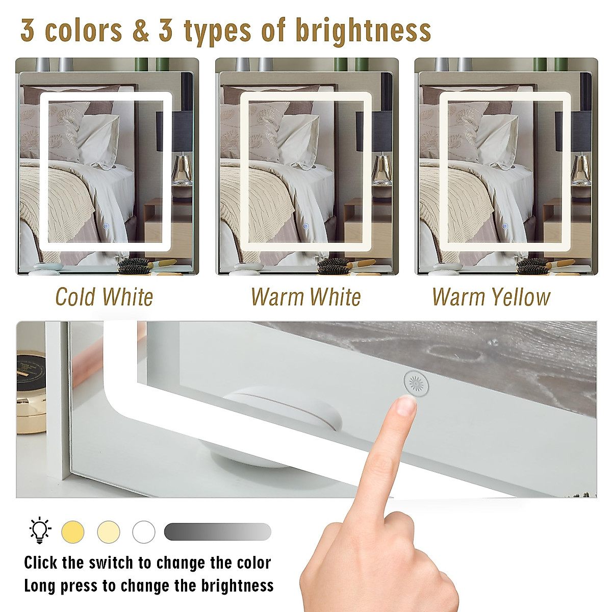 Logimiz Vanity Desk with Mirror and Lights-3 Colors and Brightness Adjustable, Girls Makeup Vanity with Hiding Shelves, White Vanity Set with Cabinets, Drawers and Cushioned Stool