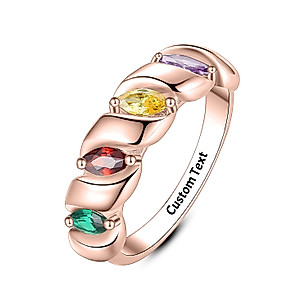 Globart Personalized Engraved Custom Name Sterling Silver Mothers Rings With Birthstones Mother Day Ring for Women Mom Children Daughter 4 Stone Family Grandmother Birthstone Jewelry Grandma Gifts