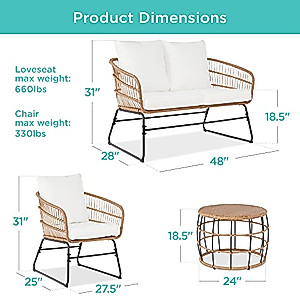 Best Choice Products 4-Piece Outdoor Rope Wicker Patio Conversation Set, Modern Contemporary Furniture for Backyard, Balcony, Porch w/Loveseat, Plush Cushions, Coffee Table, Steel Frame - White