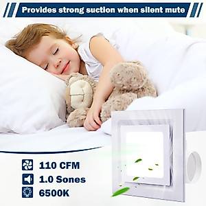 FEITON Square Bathroom Exhaust Fan with LED Light, 110 CFM 30W 4 Inch Duct, 110-220V 1.0 Sones Quiet Bathroom Ventilation Fan Light Combo Ceiling Mount