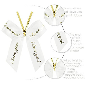 AIMUDI White Bows with Twist Tie for Wedding Favors White and Gold Bows I Love You Ribbon Bows for Gift Wrapping Premade Bows for Treat Bags Candy Apple Valentine's Day Bridal Shower -50 Counts