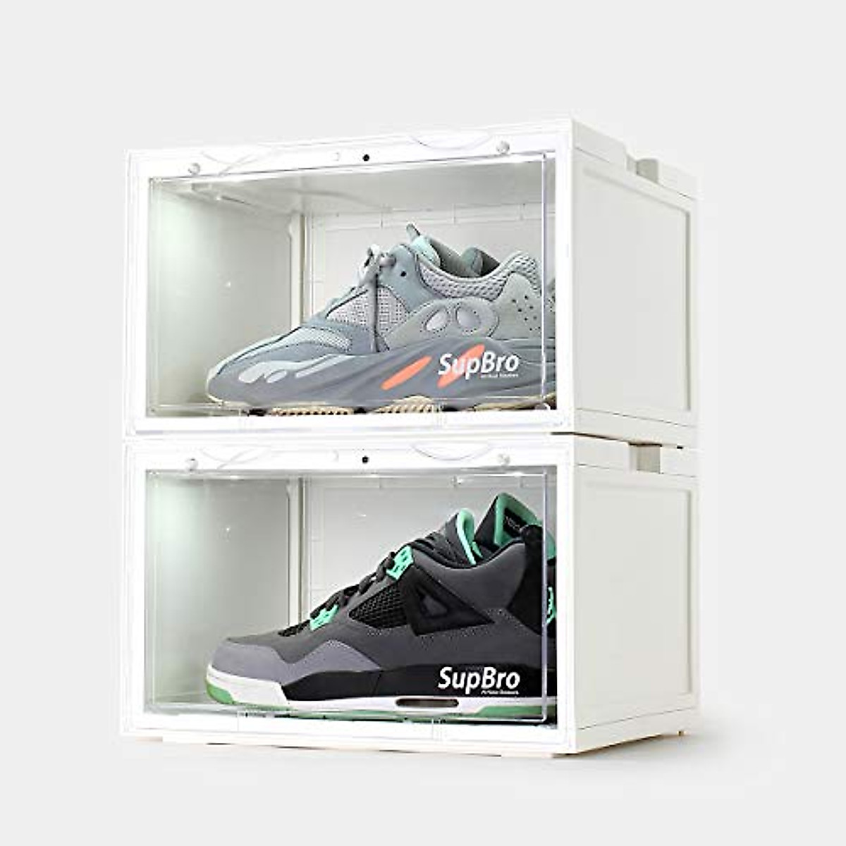 SupBro Led Collection Crate - Voice Control - Easy Access Storage Shoes box, Stackable Shoe Storage with clear plastic door for sneakers - (10.4 x 13.2 x 8.1 inch (2pack), White)