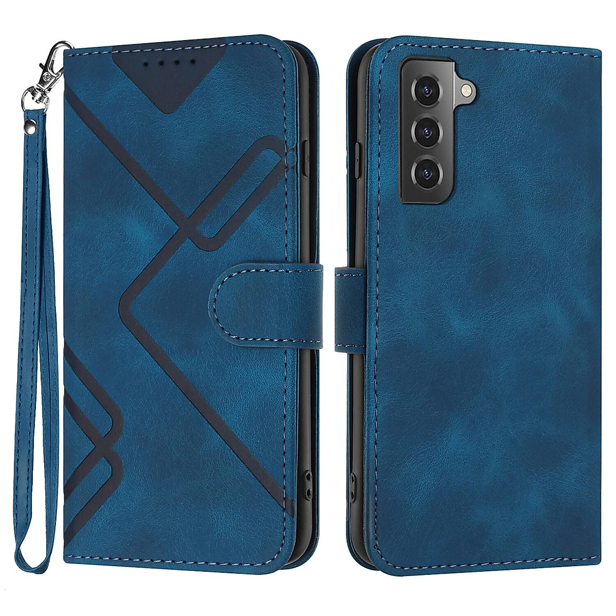 JHWVVTF for Galaxy S21 Case Wallet, Card Holder, Wrist Strap, Kickstand, Magnetic Closure, PU Leather Pattern Flip Cover, Shockproof Protective for Samsung S21 Phone Case (Blue)
